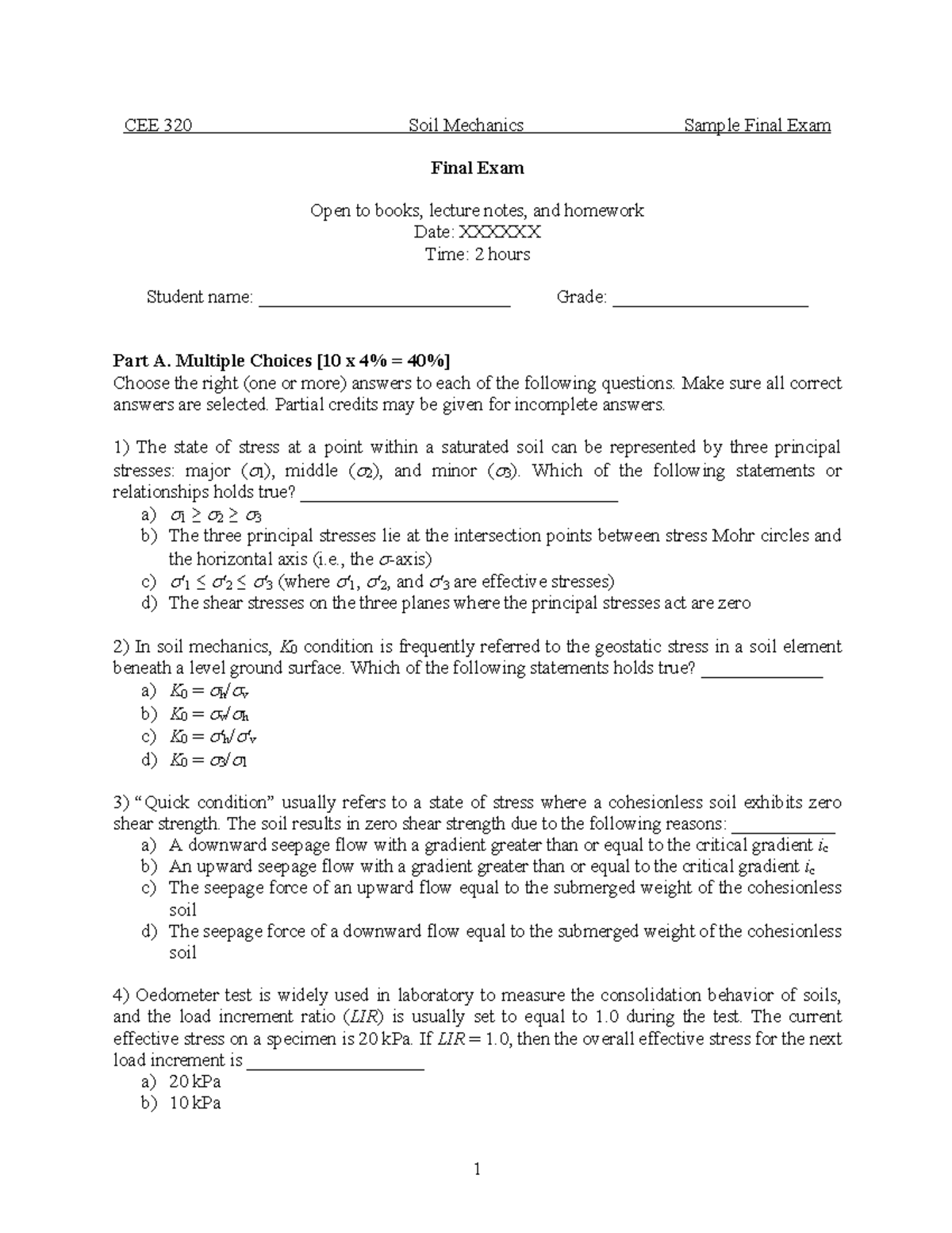 Final exam sample for 2023 SP - CEE 320 Soil Mechanics Sample Final ...