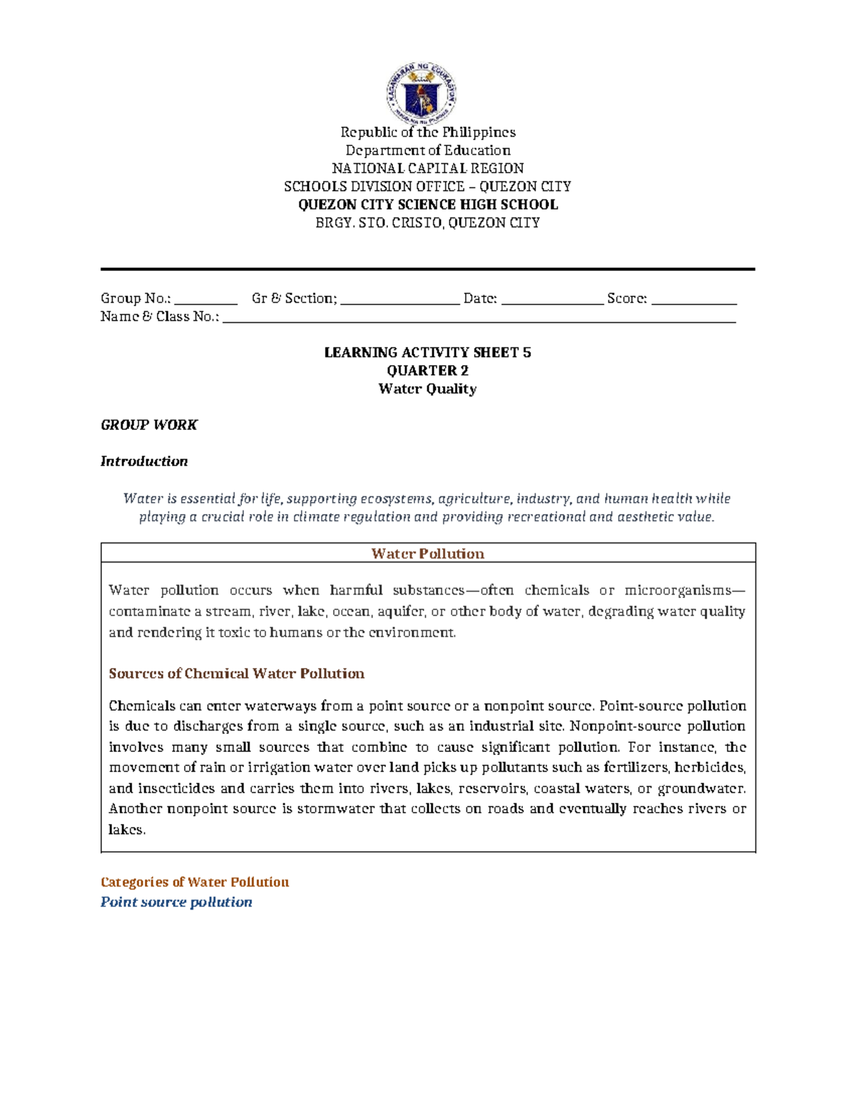 Q2 LAS 5 Water Quality - grade 7 envi sci - Republic of the Philippines ...