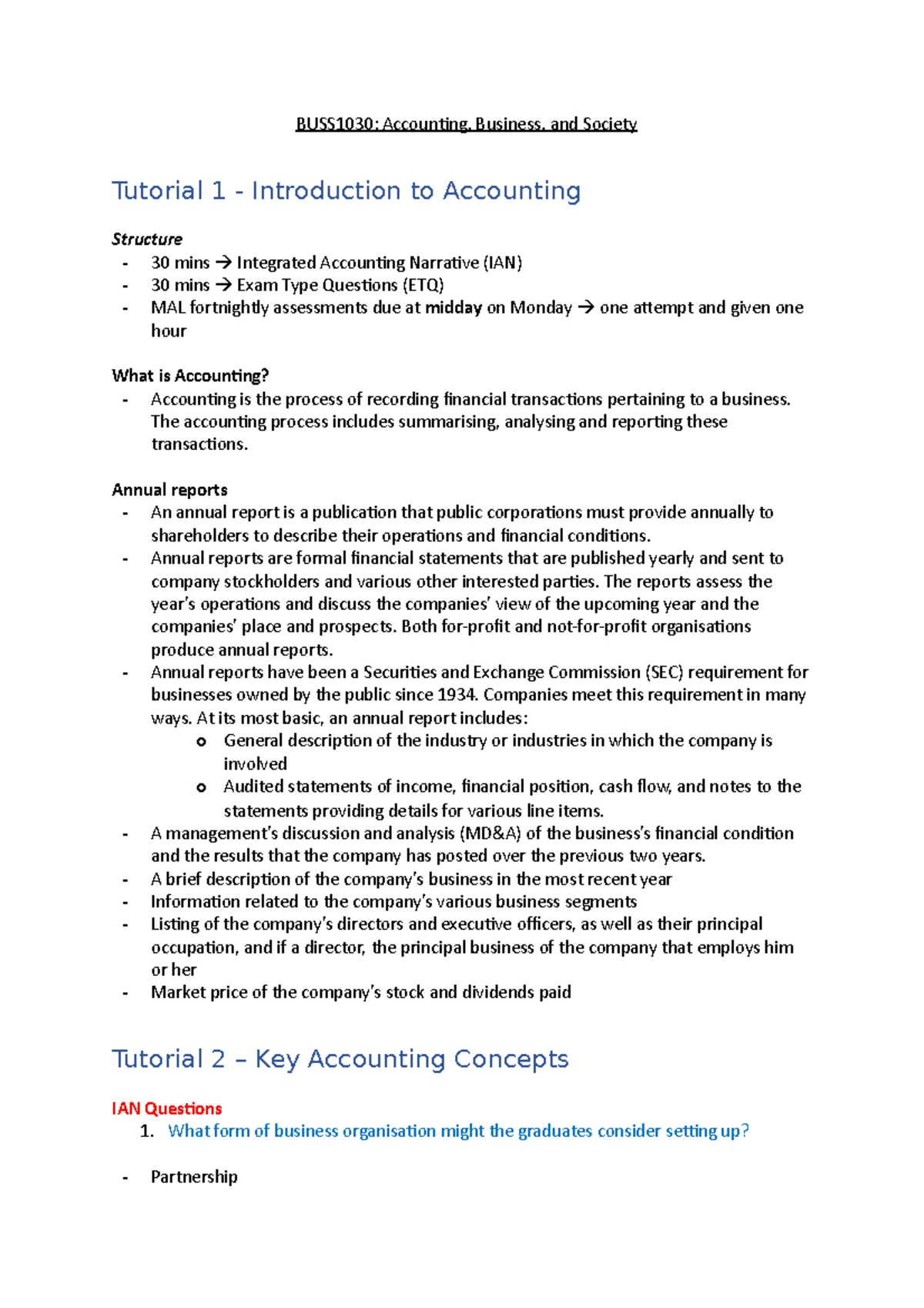 Tutorial - notes - BUSS1030: Accounting, Business, and Society Tutorial ...