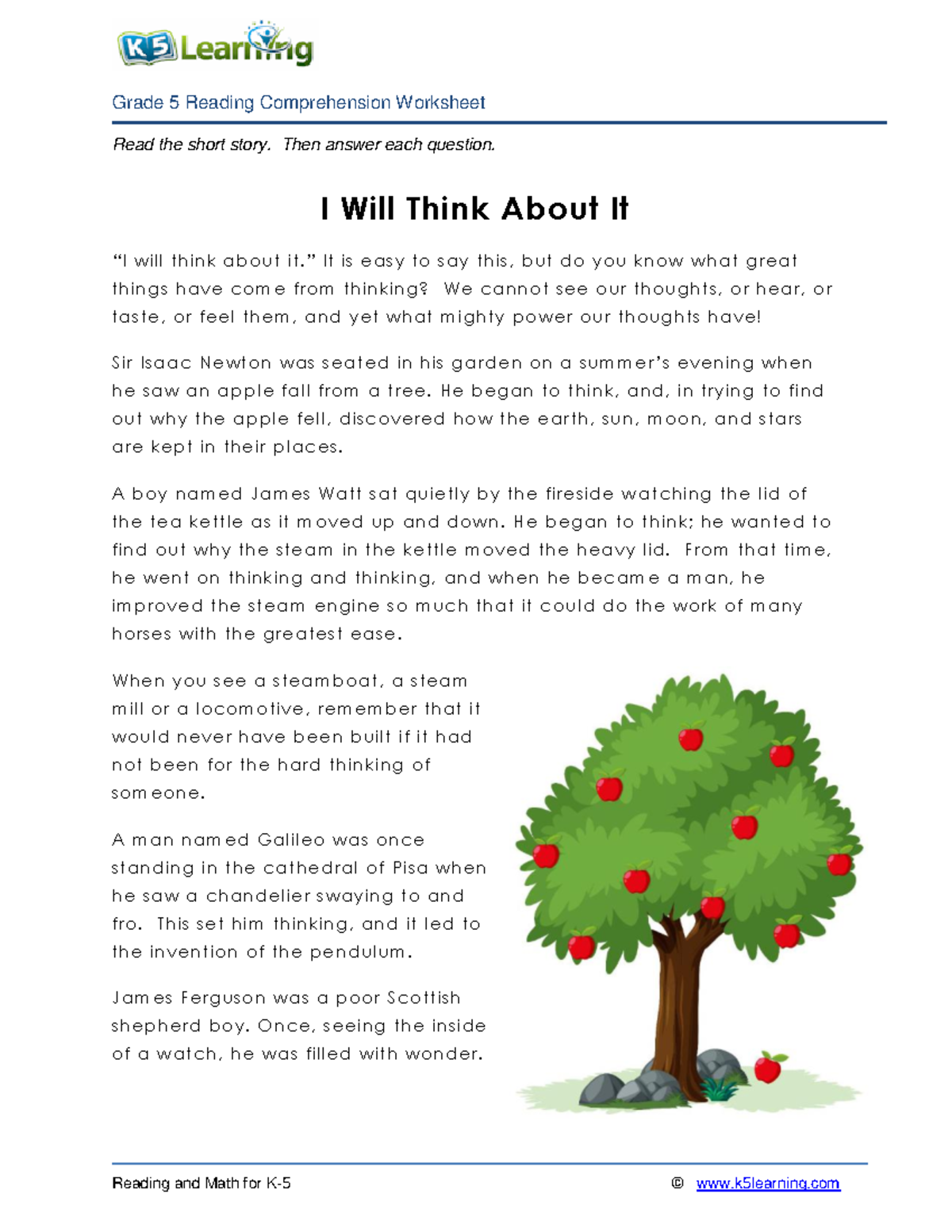 Grade 5 story think - Read the short story. Then answer each question ...