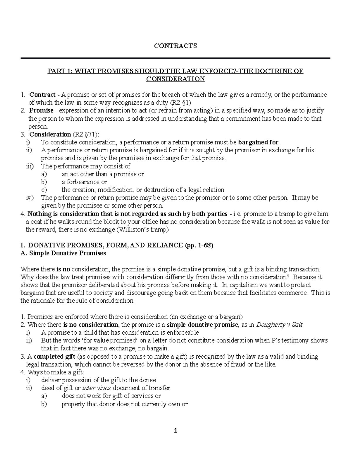 Contracts Law Outline - 1 - CONTRACTS PART 1: WHAT PROMISES SHOULD THE ...