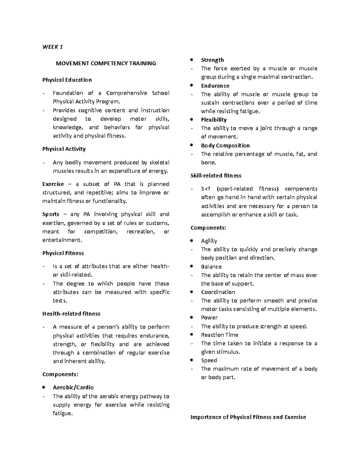 Pathfit 1 - WEEK1-6 - NONE NONE NONE - WEEK 1 MOVEMENT COMPETENCY ...