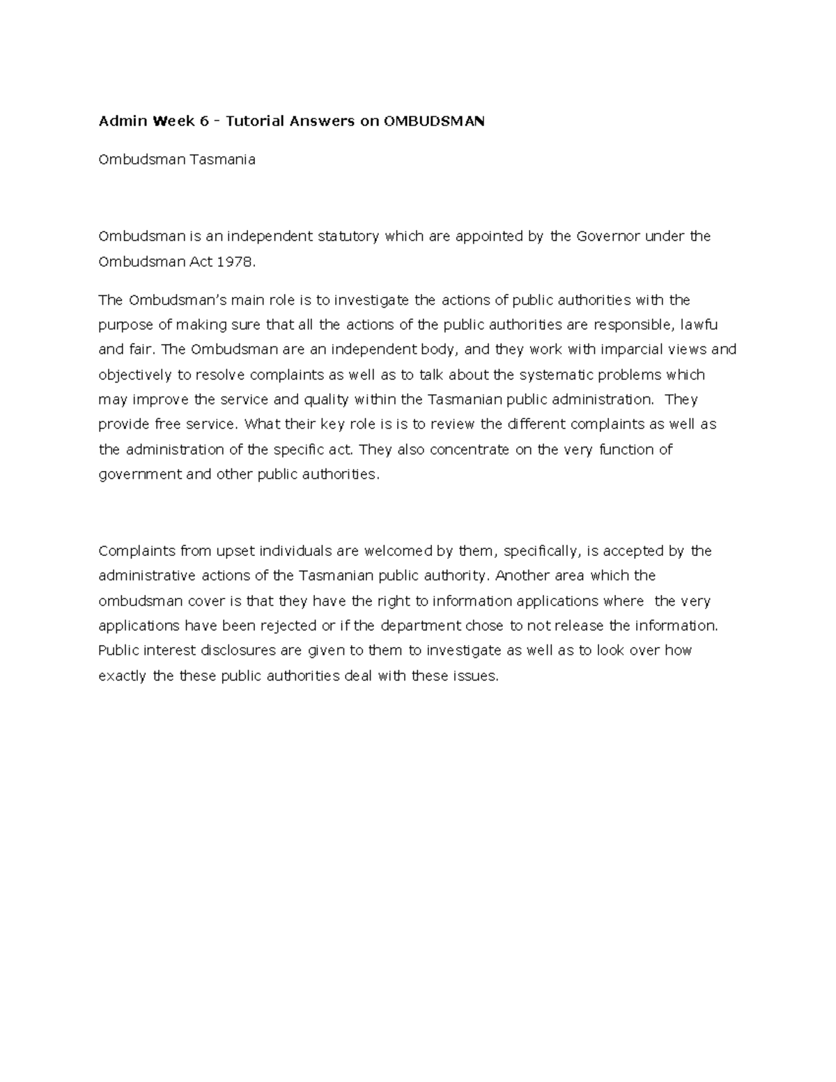 Admin Law Week 5 - Tutorial Work - Admin Week 6 - Tutorial Answers on ...