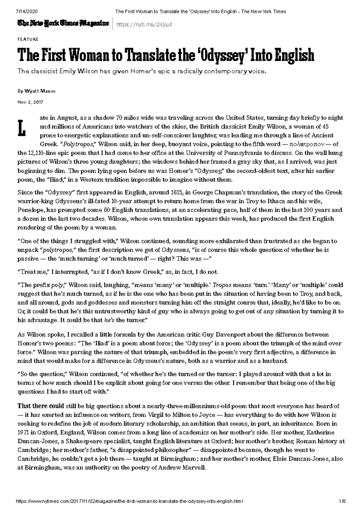 The First Woman to Translate the ‘Odyssey’ Into English - The New York ...