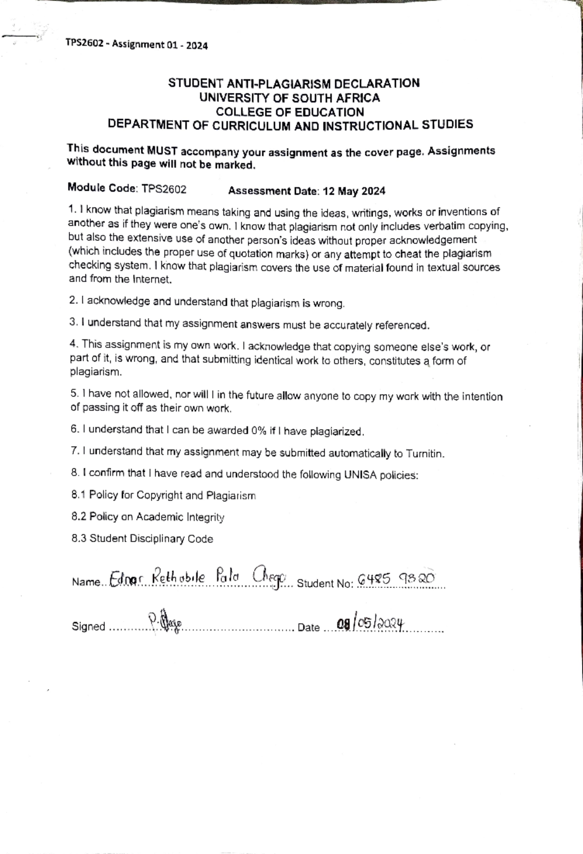 Assignment 01 TPS2602 - STUDENT ANTI-PLAGIARISM DECLARATION UNIVERSITY ...