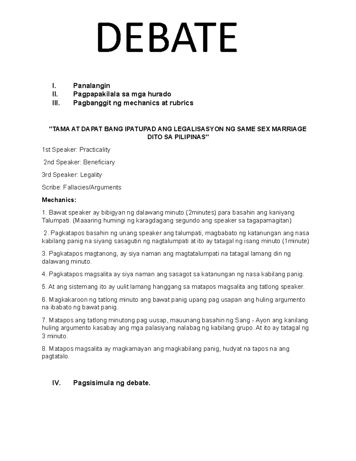 Ceremony - Tae - DEBATE I. Panalangin II. Pagpapakilala sa mga hurado ...