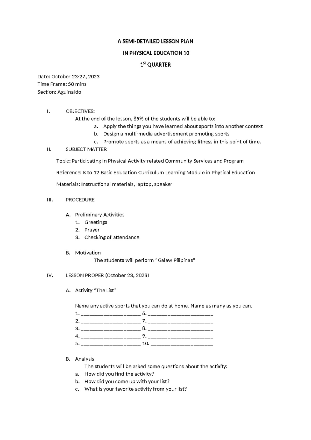 LP PE WEEK 8 - LESSON PLAN - A SEMI-DETAILED LESSON PLAN IN PHYSICAL ...