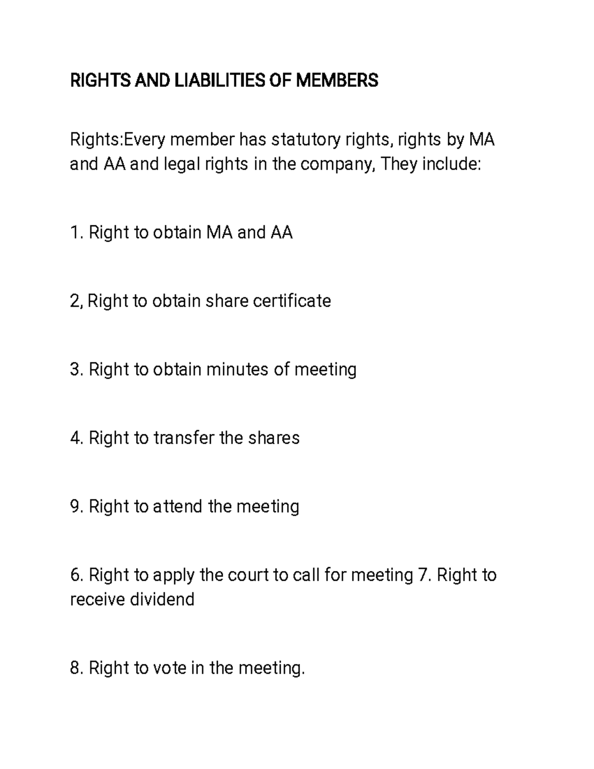 Rights AND Liability of members - R I G H T S A N D L I A B I L I T I E ...