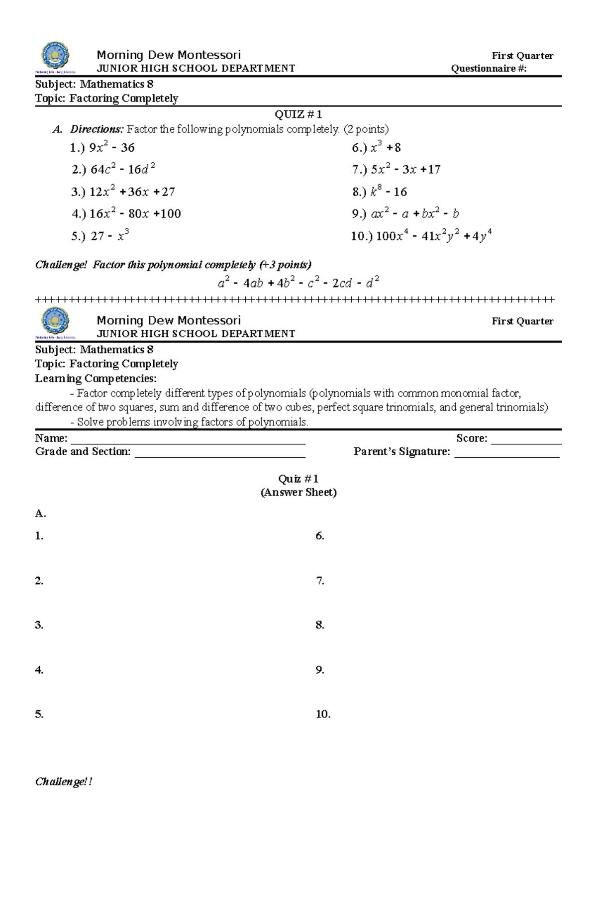 G81QAssessment - Grade 8 Math 1st Quarter - JUNIOR HIGH SCHOOL ...