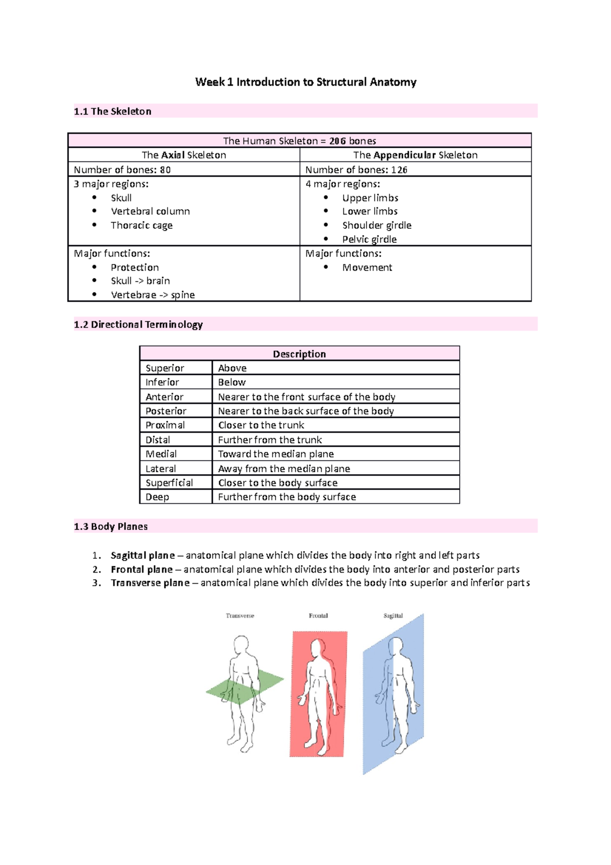 Structural week 1-5 - Week 1 Introduction to Structural Anatomy 1 The ...