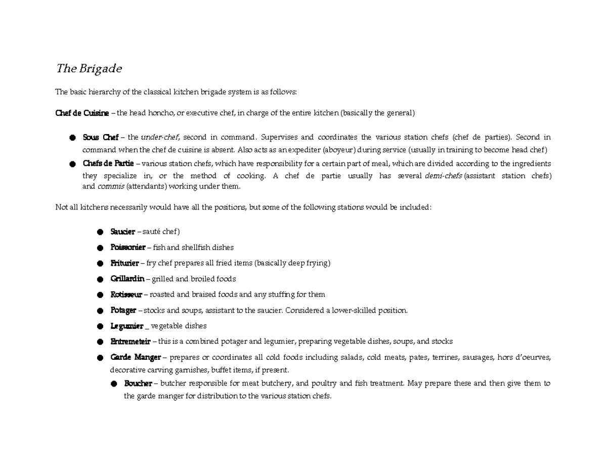 CULA 111 Chapter 1 Part 2 - The Brigade The basic hierarchy of the ...