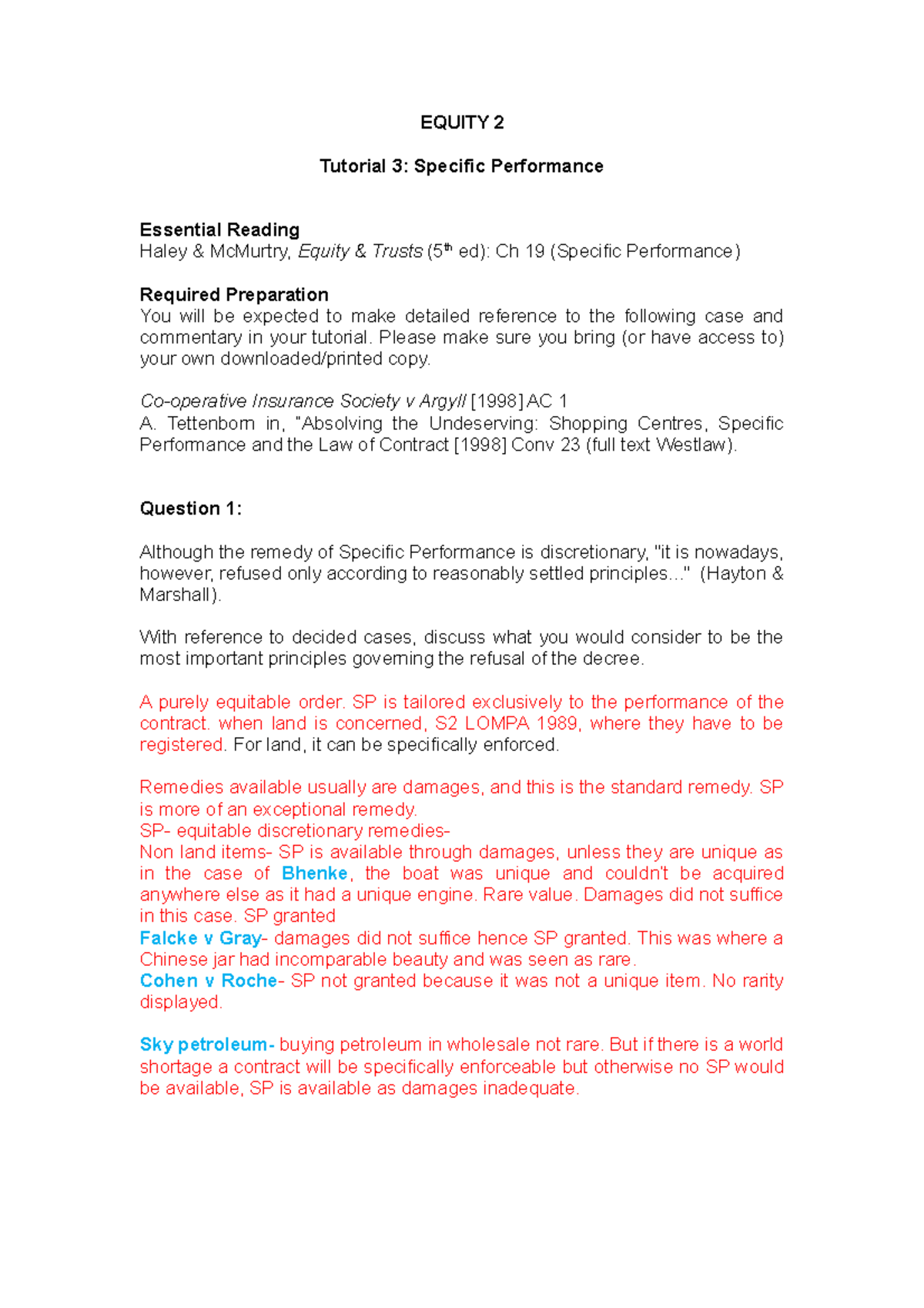 Tutorial 3 Specific Performance - EQUITY 2 Tutorial 3: Specific ...