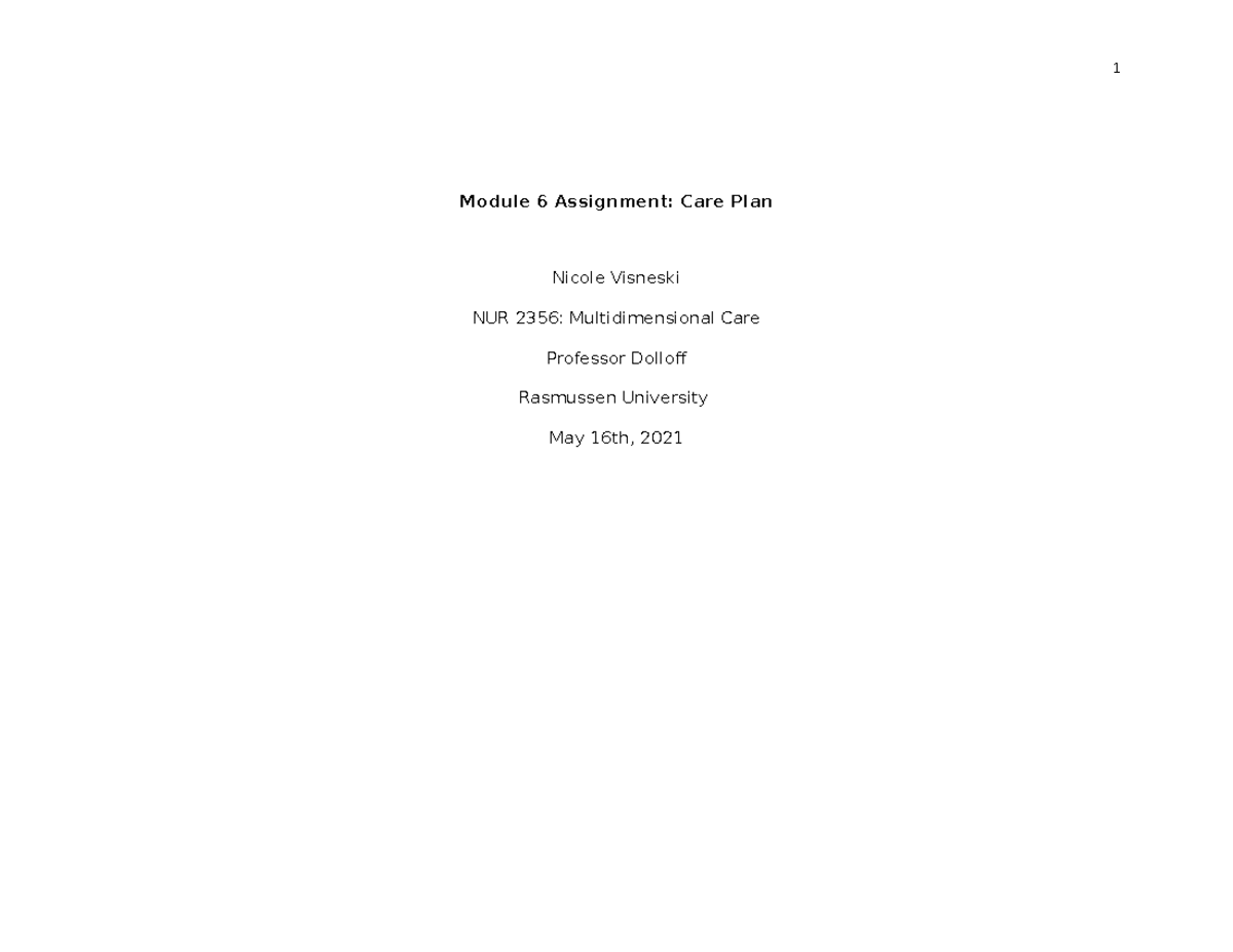 Module 6 Assignment - Module 6 Assignment: Care Plan Nicole Visneski ...