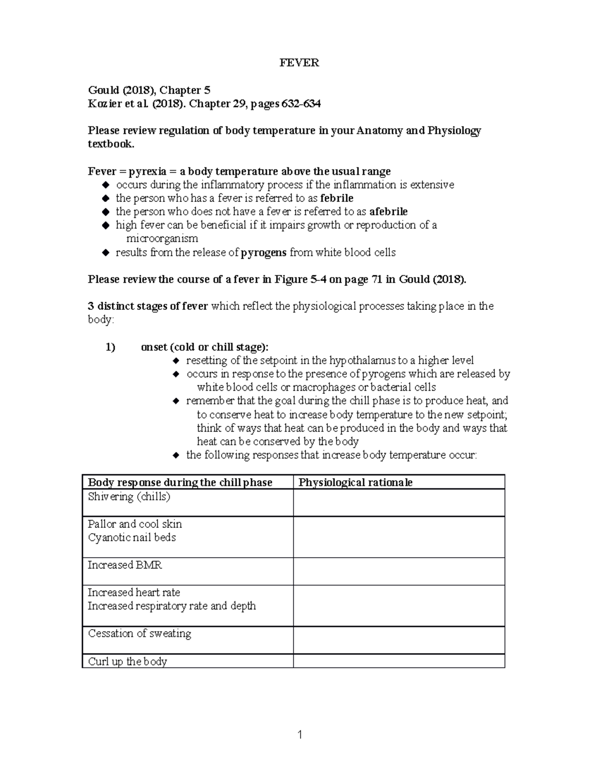 PATH122 Fever - Clinical - FEVER Gould (2018), Chapter 5 Kozier et al ...