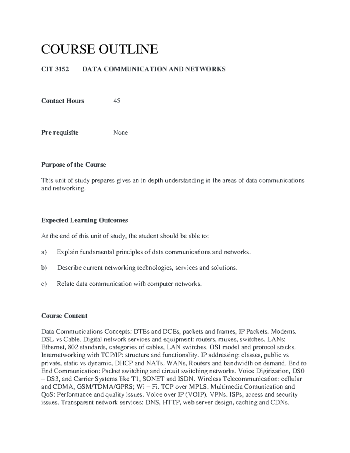 CIT 3251 DATA Commnications AND Networks Course outline - COURSE ...