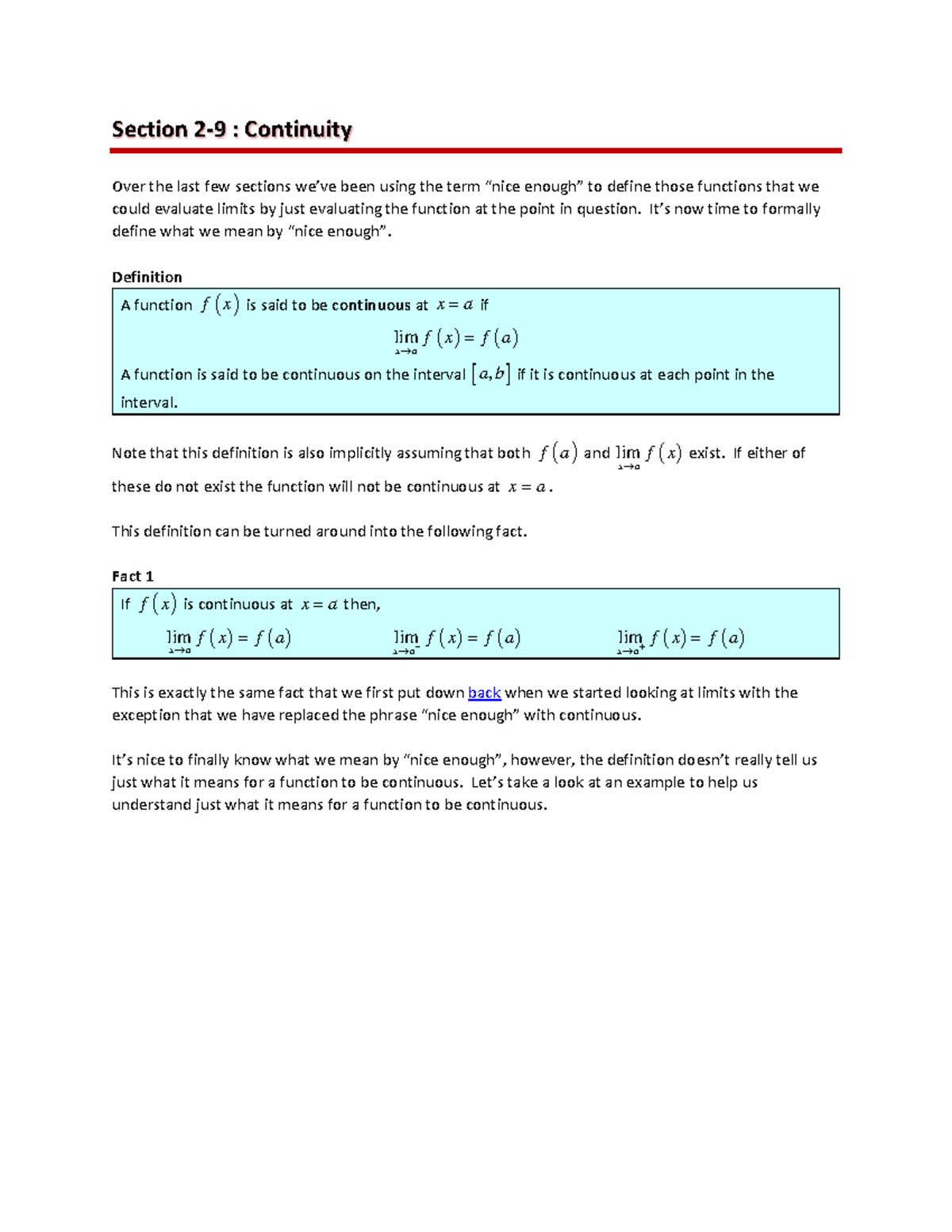 Calc I Continuity - Section 2-9 : Continuity Over the last few sections ...
