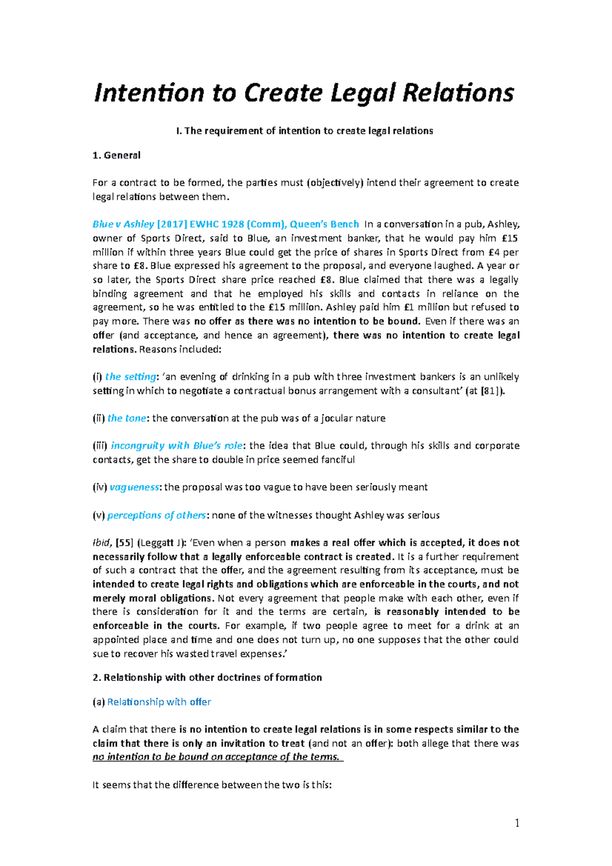CLL5 Intention to Create Legal Relations - The requirement of intention ...