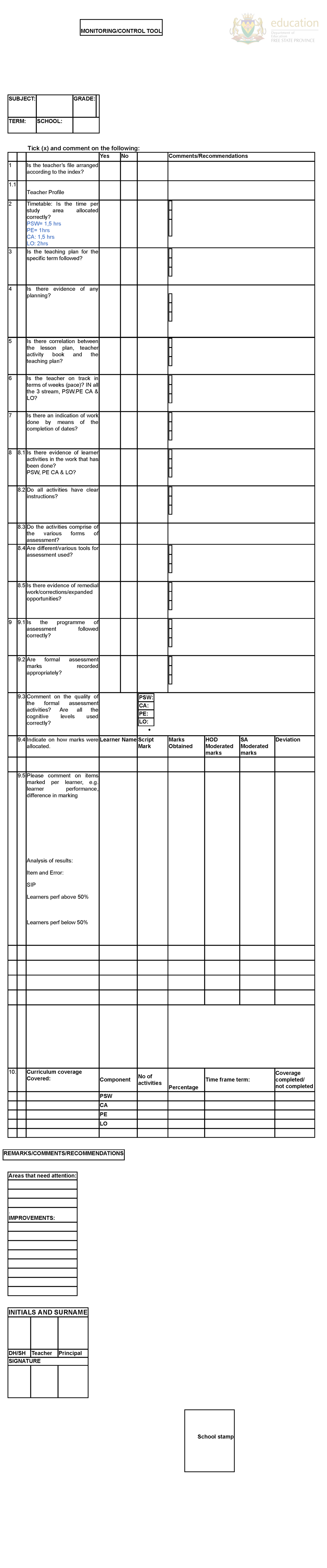 Moderation TOOL - Grade 4-7 - MONITORING/CONTROL TOOL SUBJECT: GRADE ...