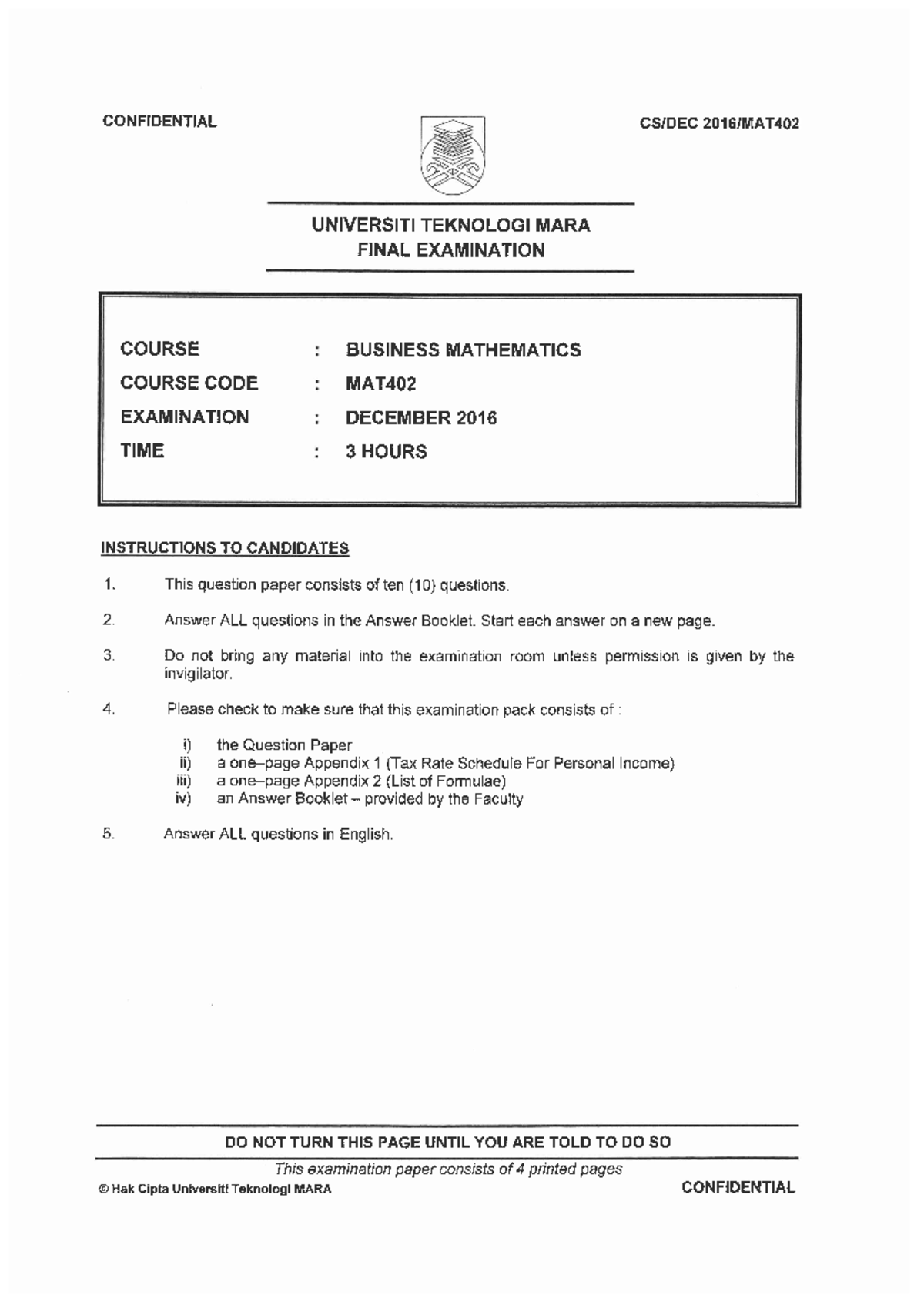 EXAM Paper-MAT402-2017 - Business Mathematic - Studocu