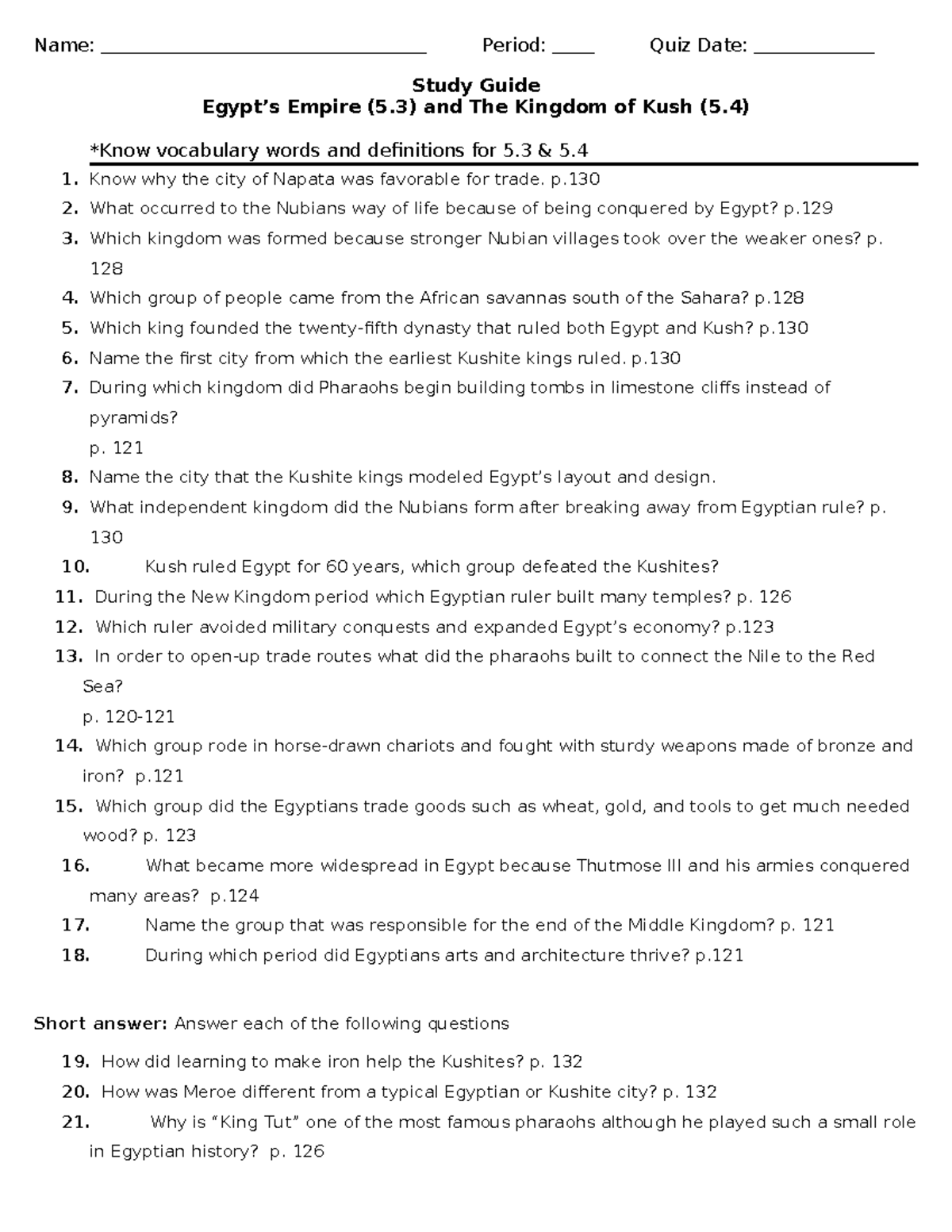 Guided Readings - Name: Period: Quiz Date: Study Guide Egypt’s Empire ...