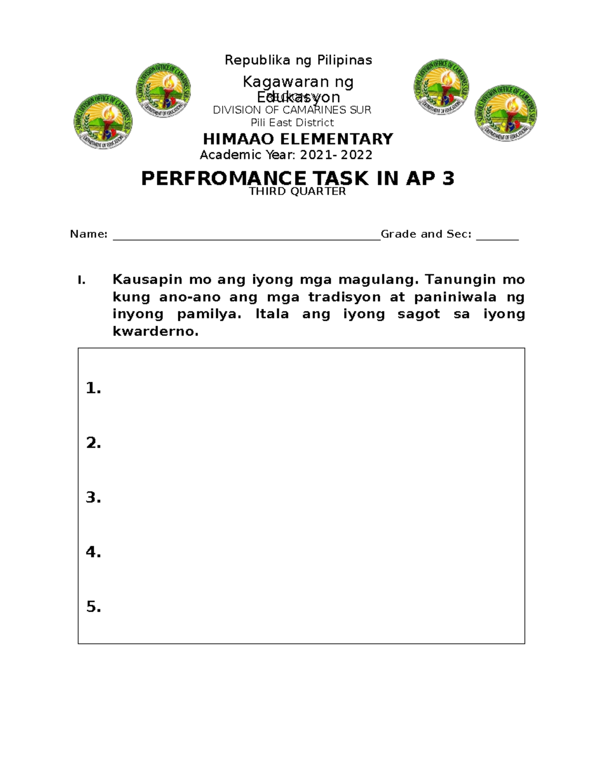 O3- Performance Task in AP - THIRD QUARTER Name: - Studocu