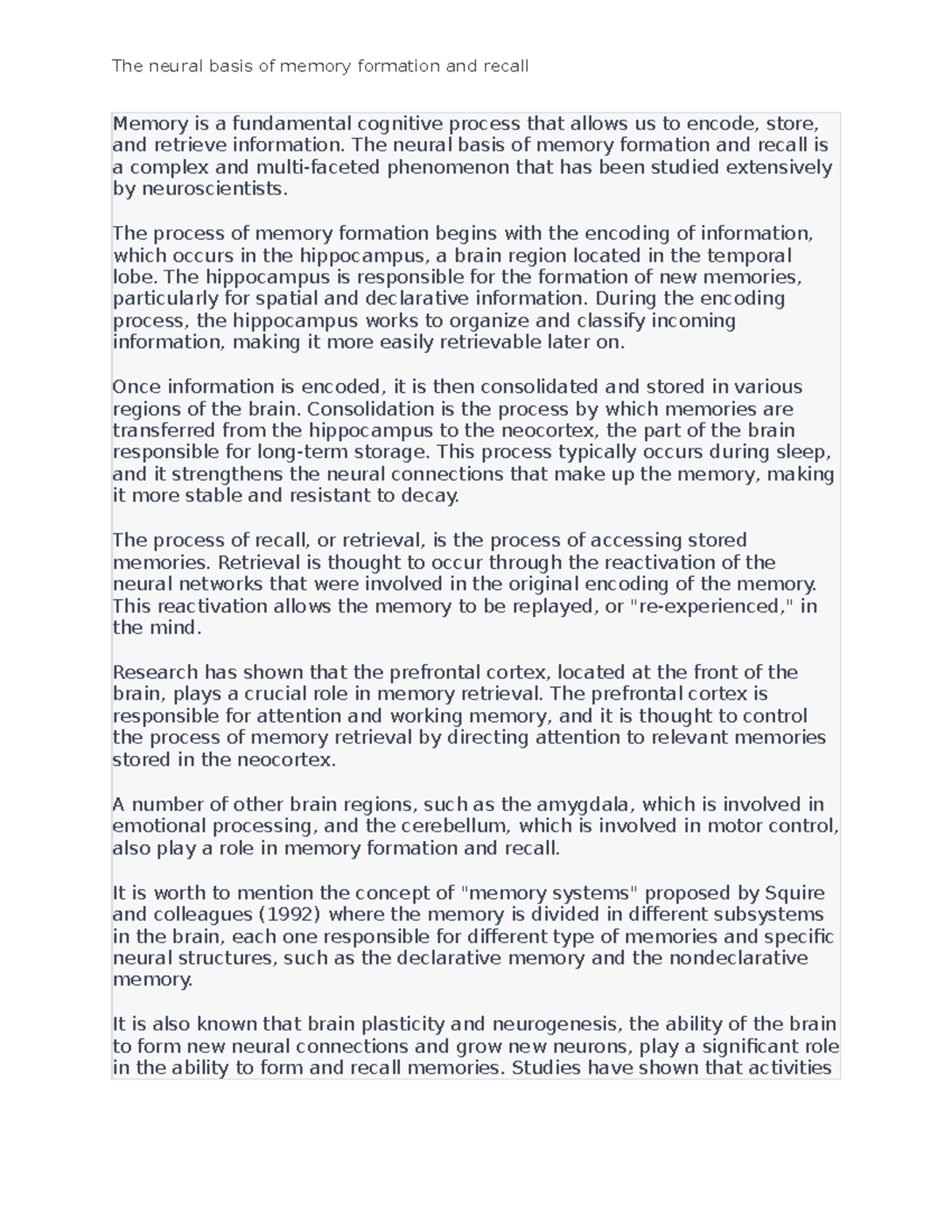 Intro to pysch 1 - The neural basis of memory formation and recall ...