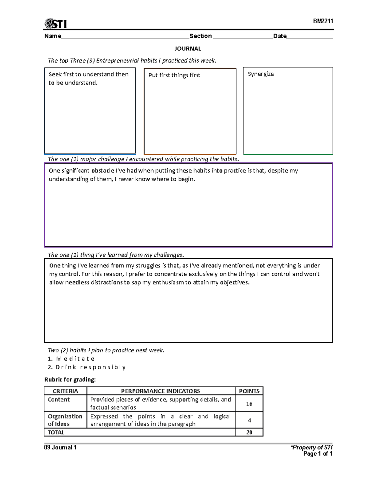 10 Journal 1 - Name Section Date JOURNAL The top Three (3) Entrepreneurial habits I practiced ...