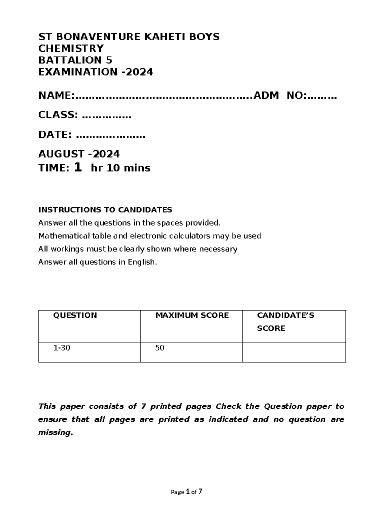 CHEM BAT 4 - Class Assignment - ST BONAVENTURE KAHETI BOYS CHEMISTRY ...