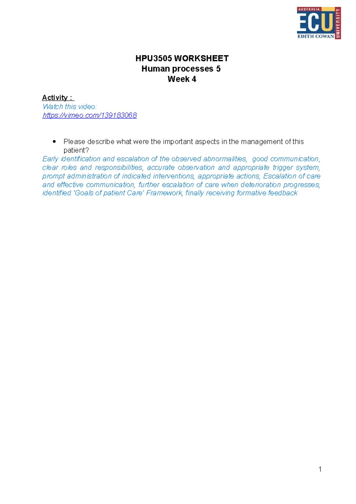 HPU3505 Worksheet week 4 Answers-1 - HPU3505 WORKSHEET Human processes ...