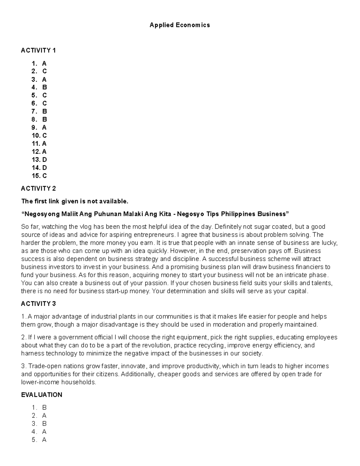 Economics.Q2.W6-8 - heart - Applied Economics ACTIVITY 1 1. A 2. C 3. A ...