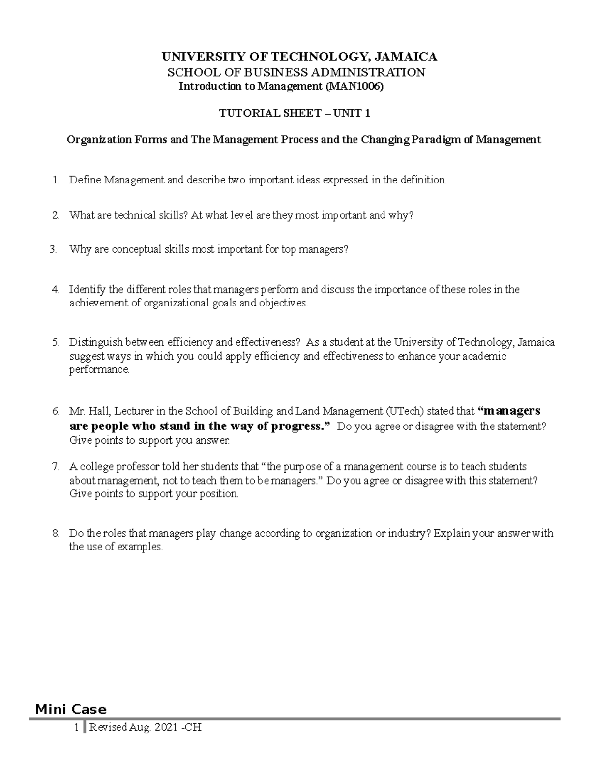 ITM UNIT 2 Tutorial Sheet - UNIVERSITY OF TECHNOLOGY, JAMAICA SCHOOL OF BUSINESS ADMINISTRATION ...