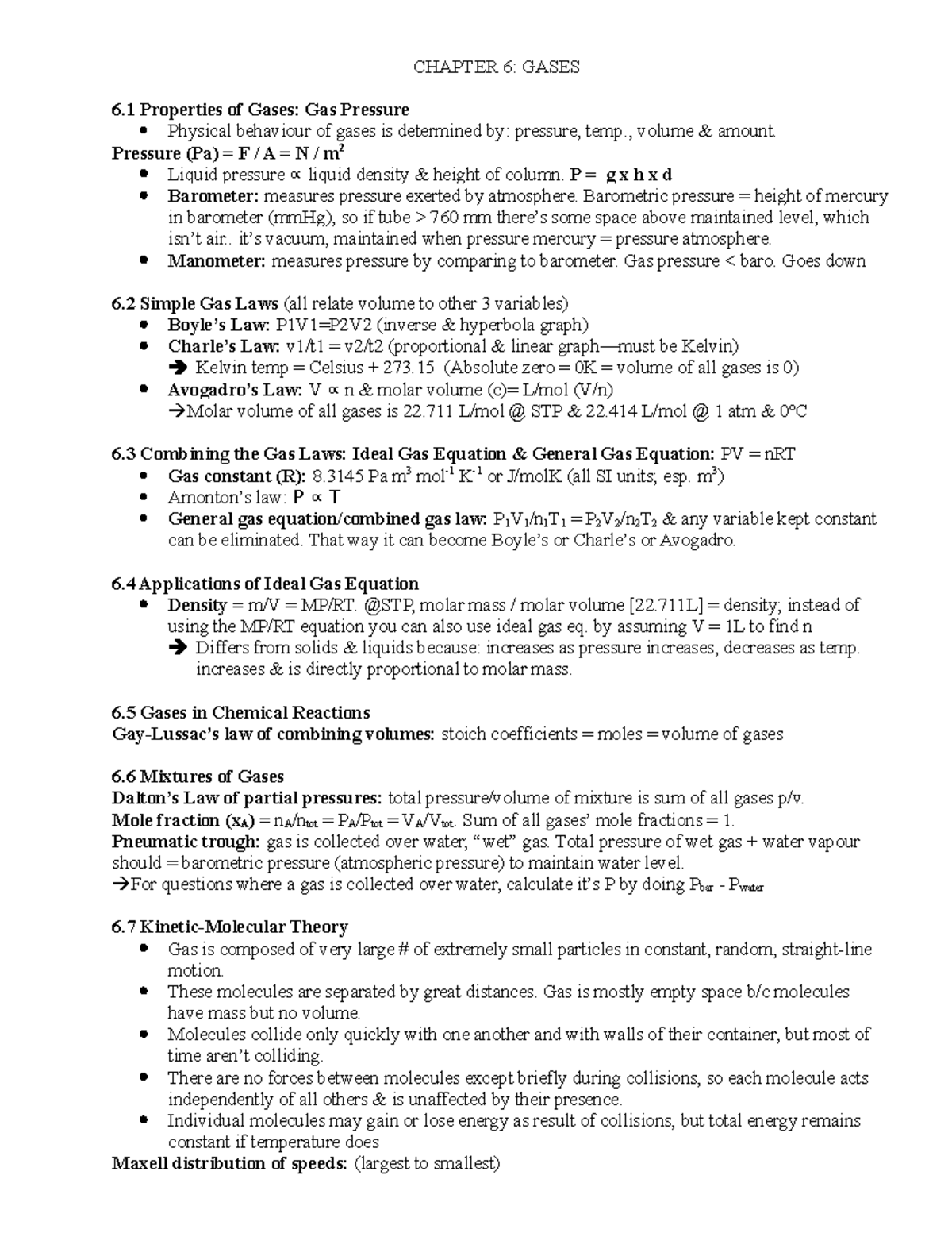 Chem Test #1 Notes from Textbook - CHAPTER 6: GASES 6 Properties of ...