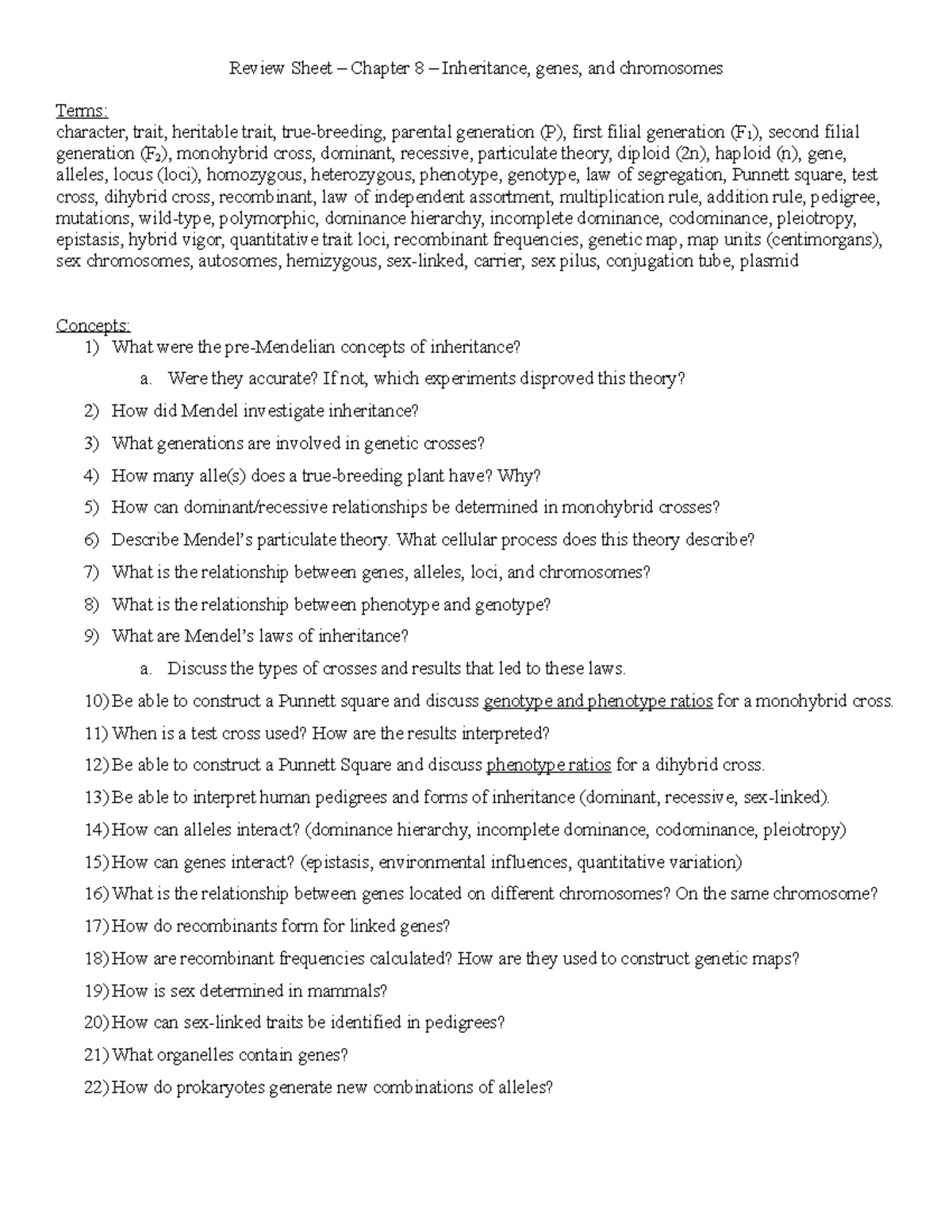 Bio 196 Chapter 8 Review - Review Sheet – Chapter 8 – Inheritance ...