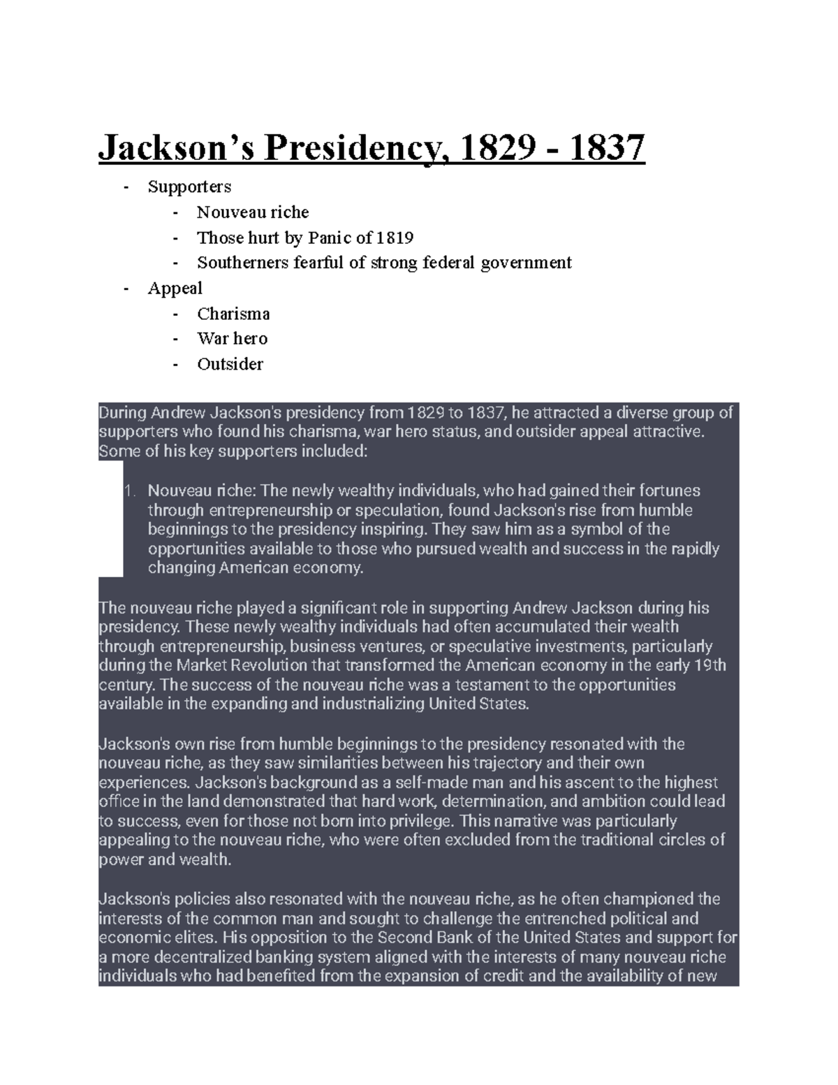 Jackson’s Presidency, 1829 - 1837, how it influences the world and the ...