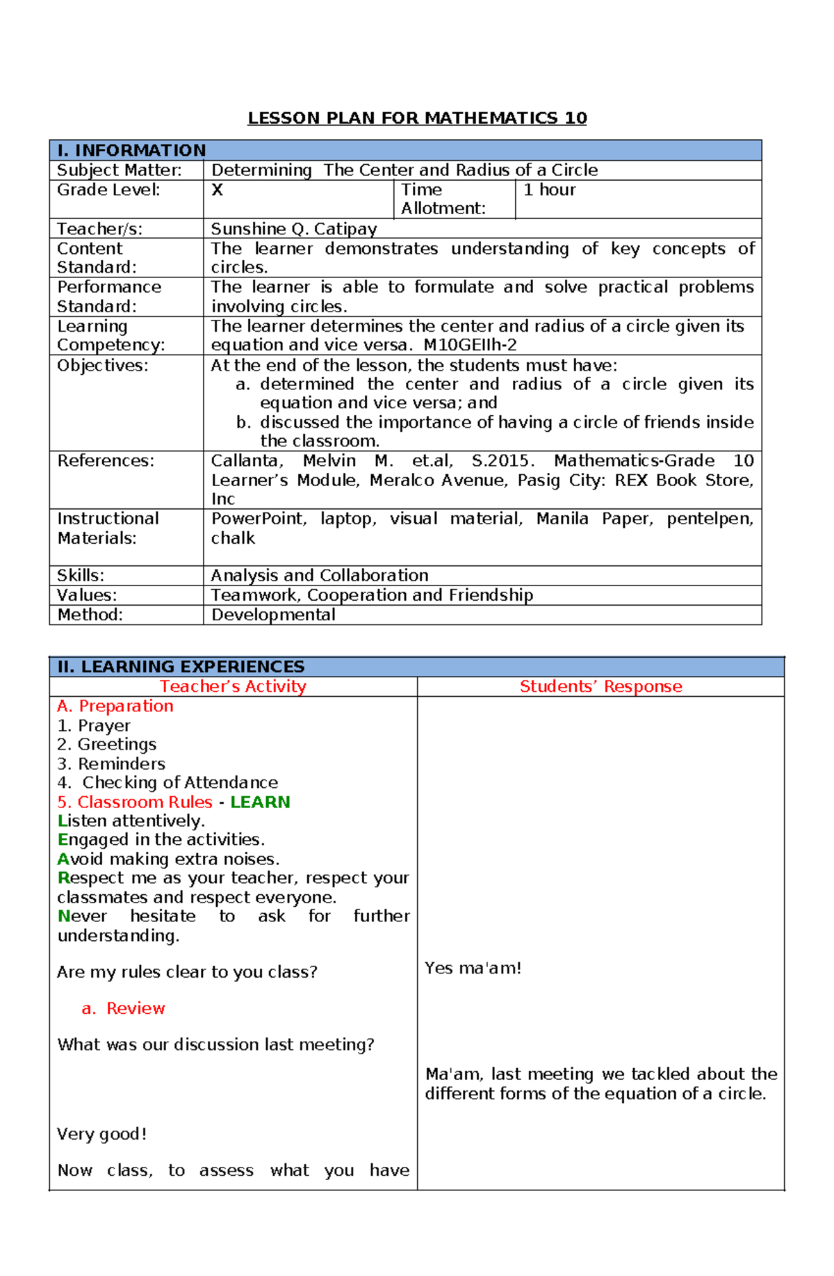 Rodriguez lp - N/A - LESSON PLAN FOR MATHEMATICS 10 I. INFORMATION ...