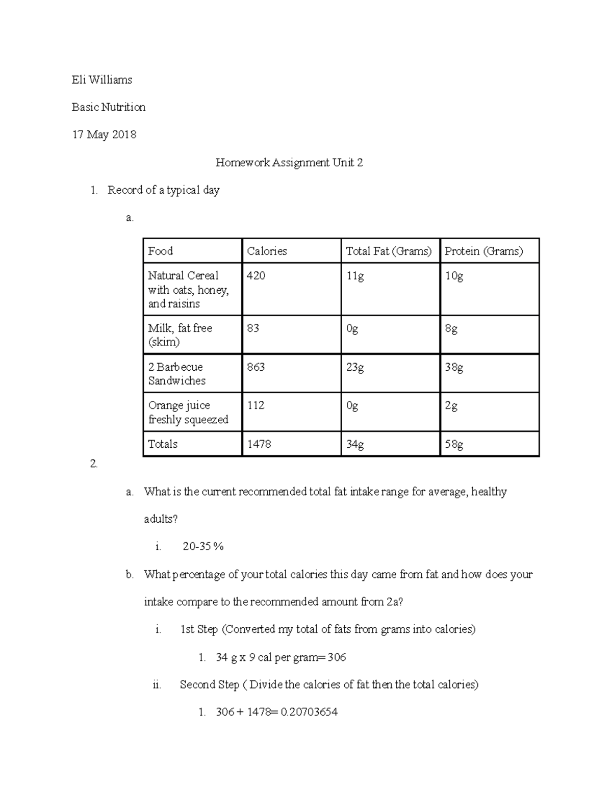 Basic Nutrition Unit 2- HW Assign 2 - Eli Williams Basic Nutrition 17 ...