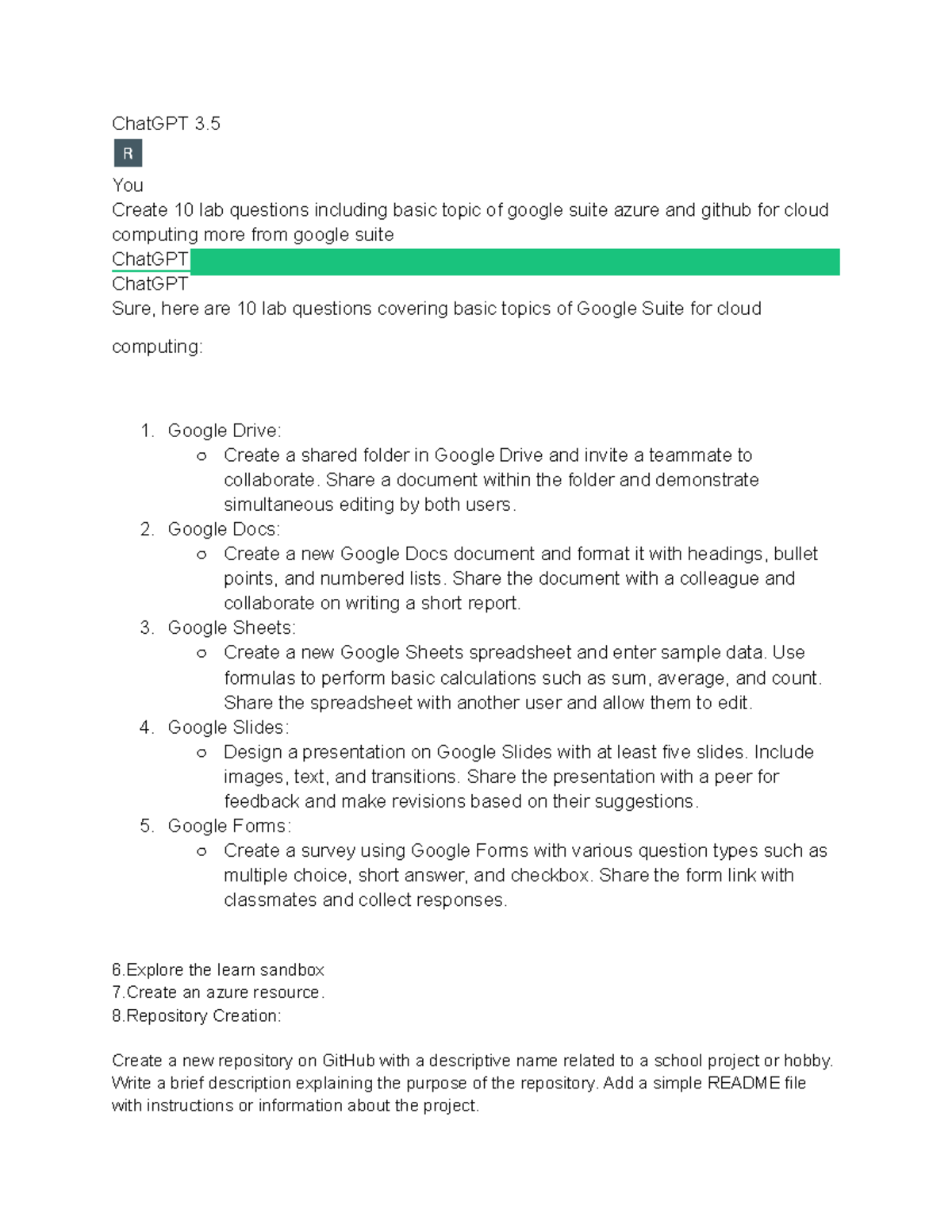 Lab questions cloud computing - ChatGPT 3. You Create 10 lab questions including basic topic of ...