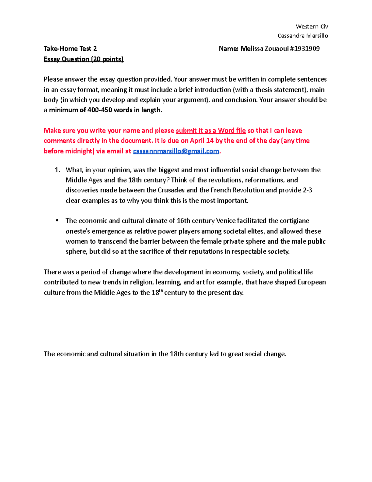Take-Home Test 2 (WC 2020) - Western Civ Cassandra Marsillo Take-Home ...