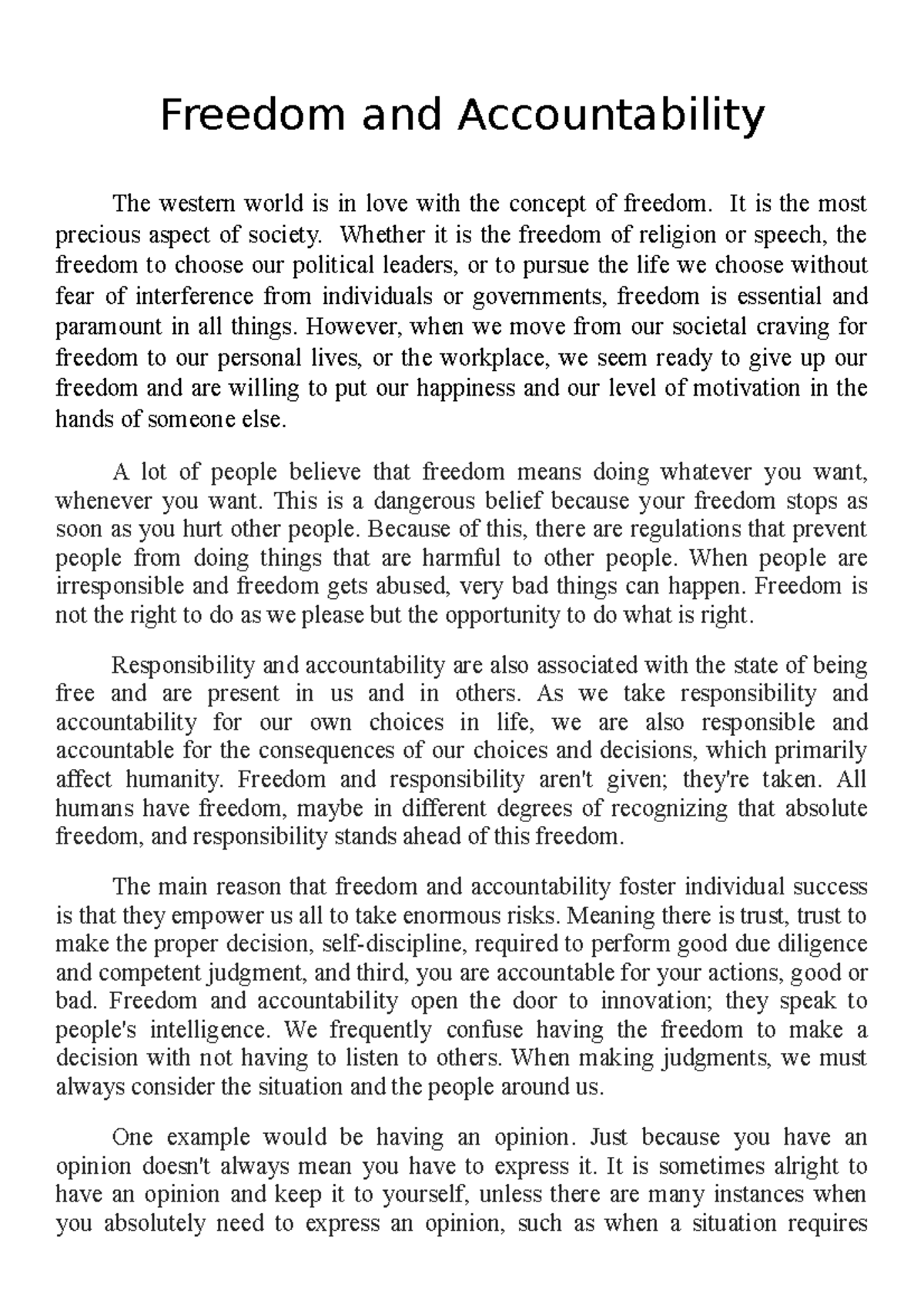 Philo - just read - Freedom and Accountability The western world is in ...