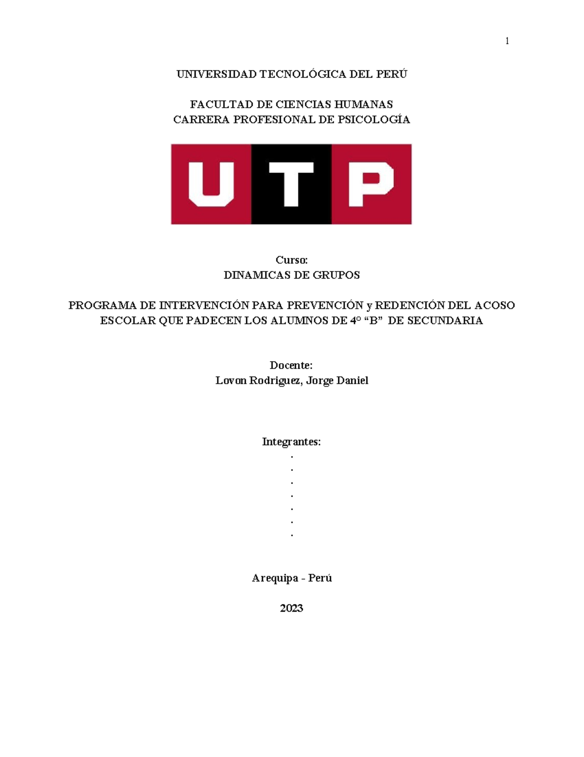 Carátula UTP - Es una caratula - Caratula - 1 UNIVERSIDAD TECNOLÓGICA ...