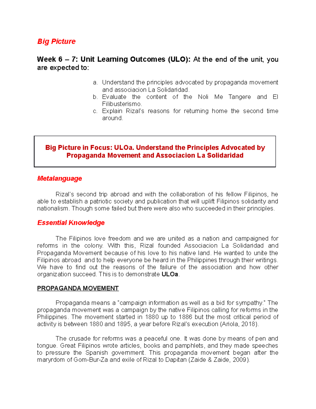 Module 6-7 - RIZAL - Big Picture Week 6 – 7: Unit Learning Outcomes ...