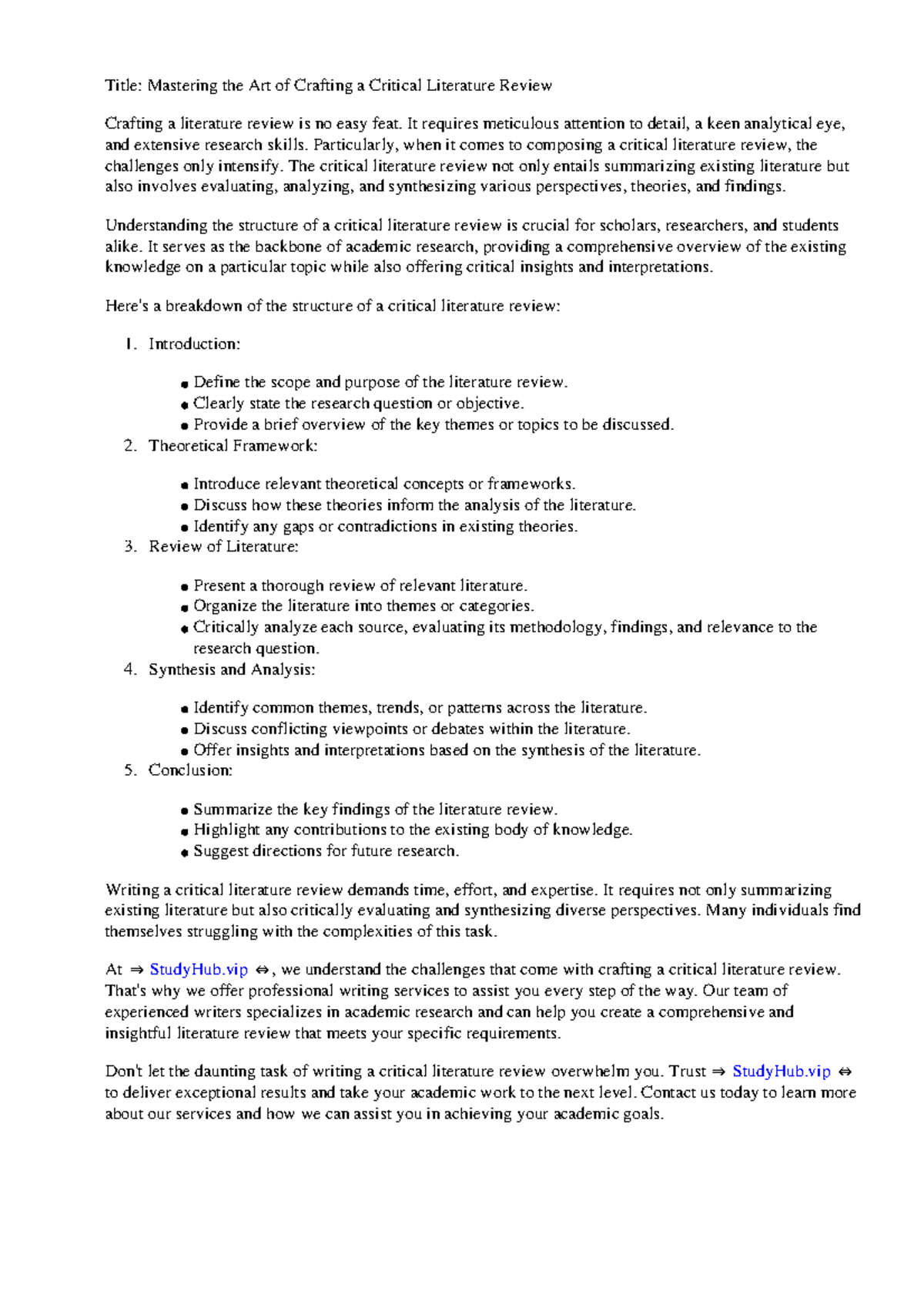 Structure Of A Critical Literature Review - Title: Mastering the Art of ...