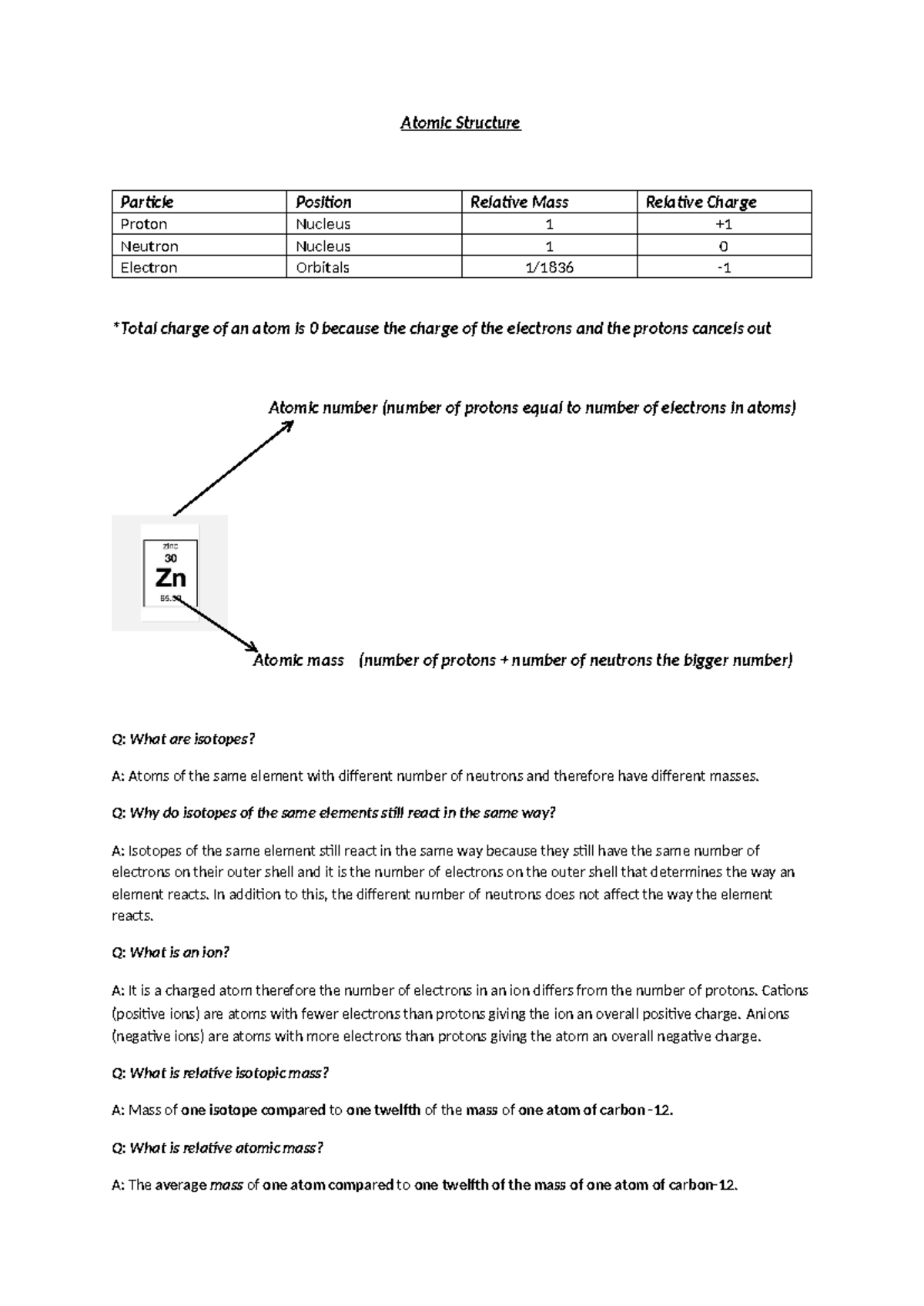 Chemistry Revision Booklet - Atomic Structure Particle Position ...