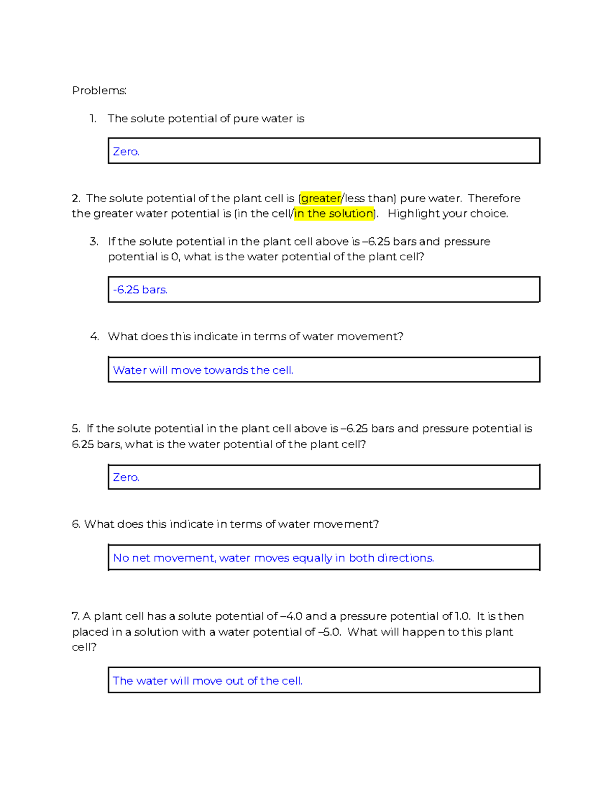 AP Biology Water Potential Practice - Problems: The solute potential of ...