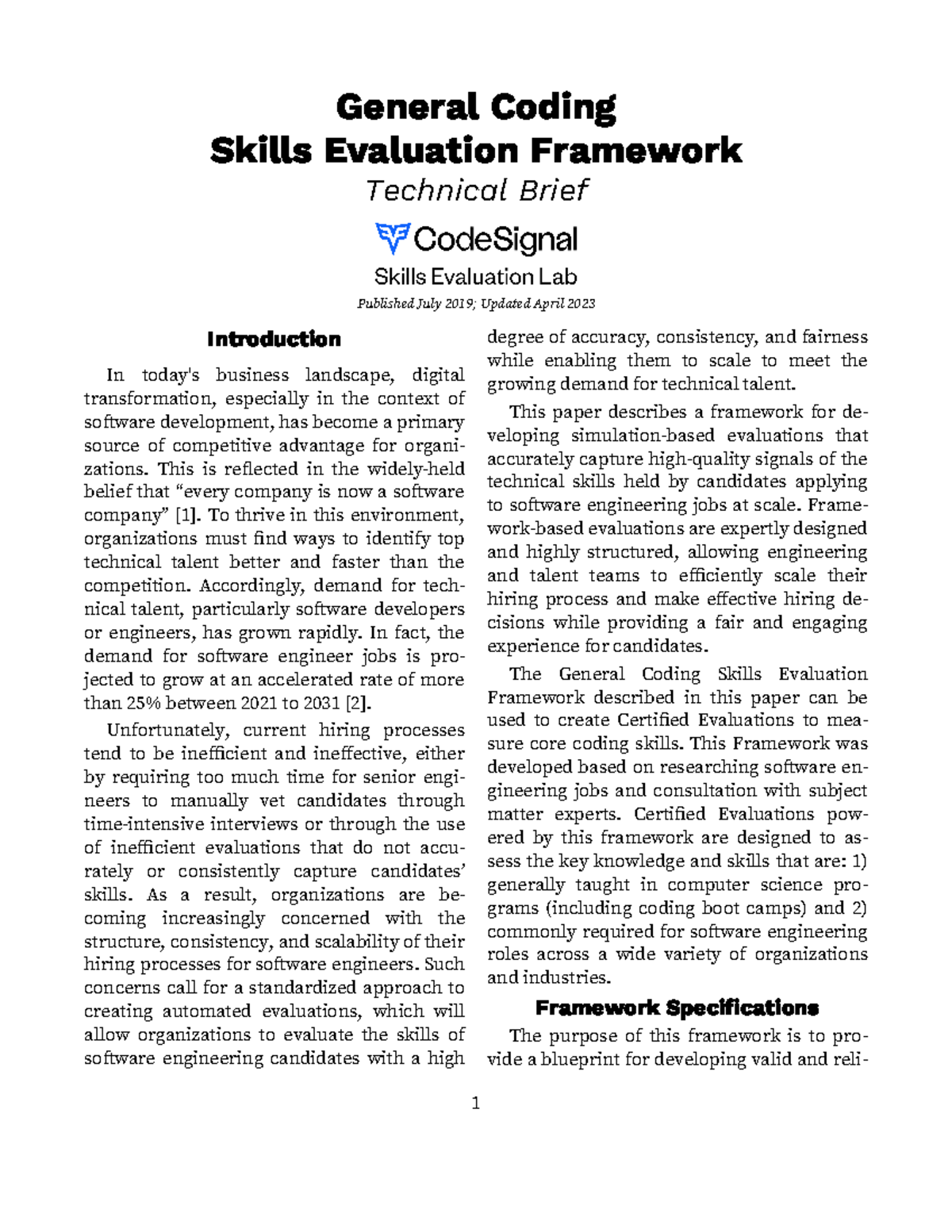 General Coding Skills Evaluation Framework Code Signal Skills Evaluation Lab Short General