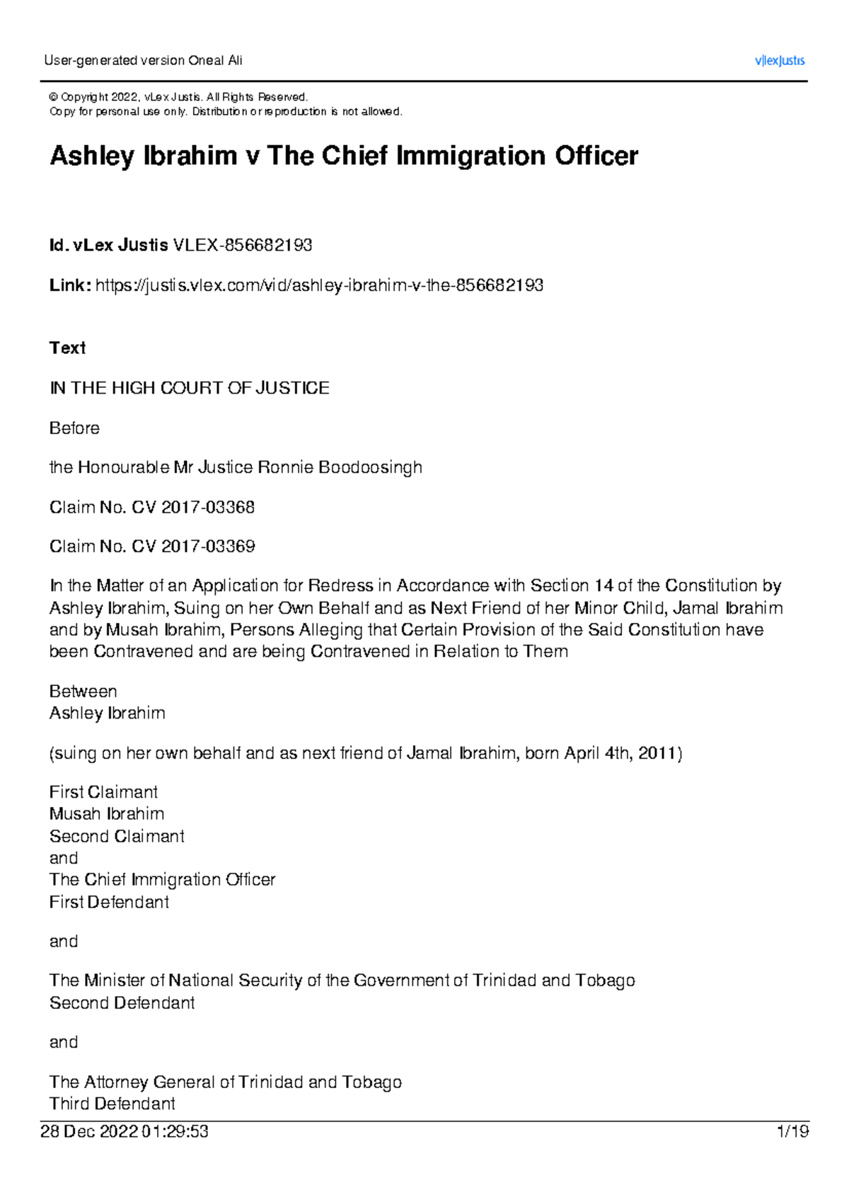 Ashley Ibrahim v The Chief Immigration Officer 856682193 - © Copyright ...