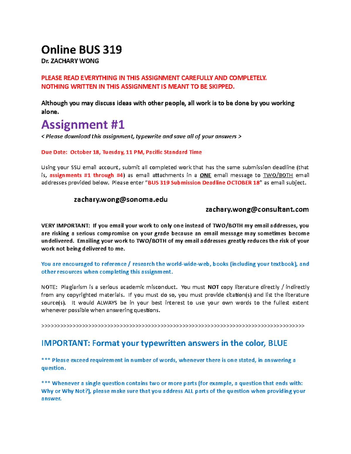 BUS 319 Assignment 1 - Complete - Online BUS 319 Dr. ZACHARY WONG ...