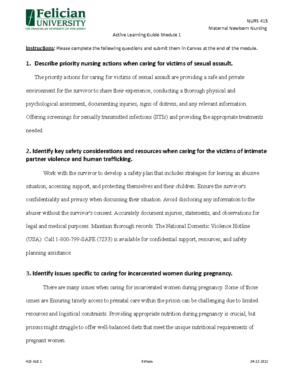 Active Learning Guide - Module 1 - NURS 415 Maternal Newborn Nursing Active Learning Guide ...