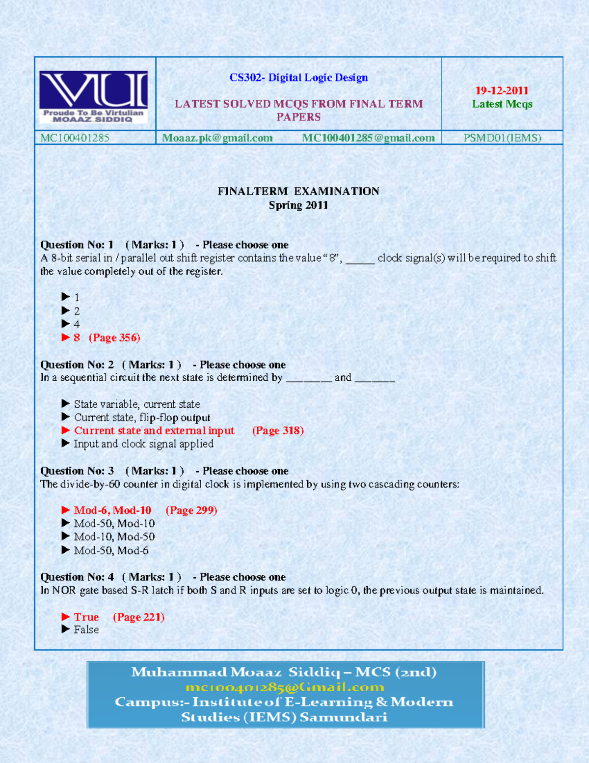 Cs302 Finalterm Solved Mcqs With Refrences By Moaaz Cs302 Digital Logic Design Latest Solved