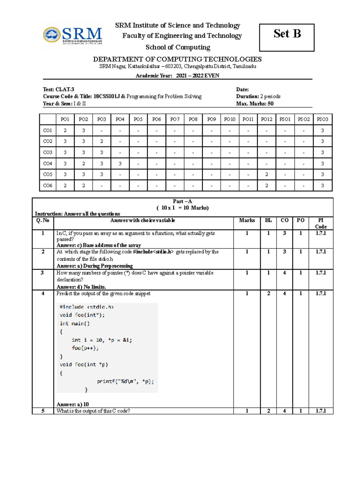 Set B Answer Key Ct 3 Pps Clat 3 Set B Question Paper Srm Institute Of Science And